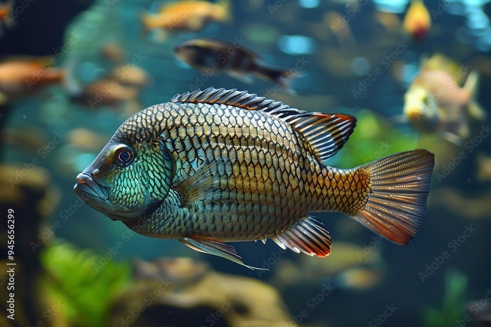 Fresh Nile tilapia fish in an aquarium setting, showcasing their ...