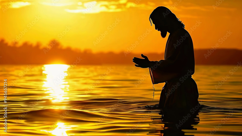 Silhouette of Jesus Christ . Baptism in the Jordan River, depicting a ...