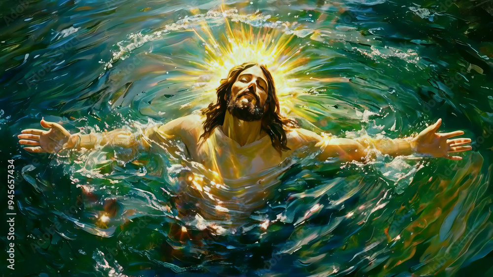 Baptism of Jesus Christ in the Jordan River, depicting a biblical scene ...