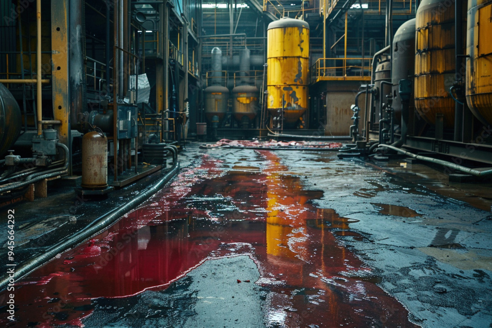 Chemical spill in a factory, with hazardous materials spilling toxic ...