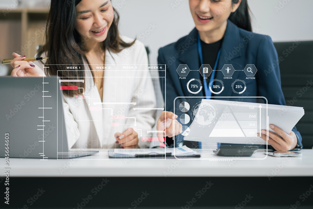 Business woman hand Project manager working and update tasks and Gantt ...