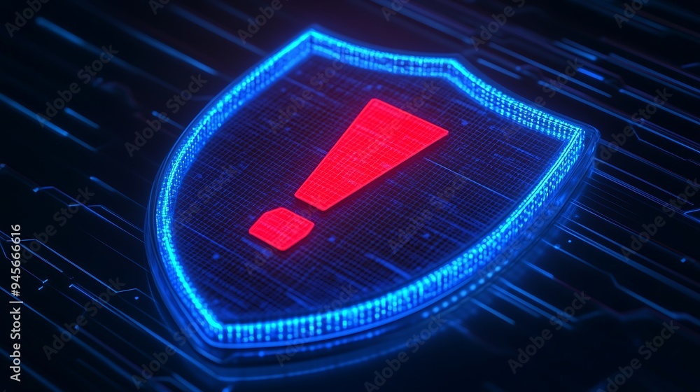 Digital shield with a red alert symbol. Cybersecurity concept ...