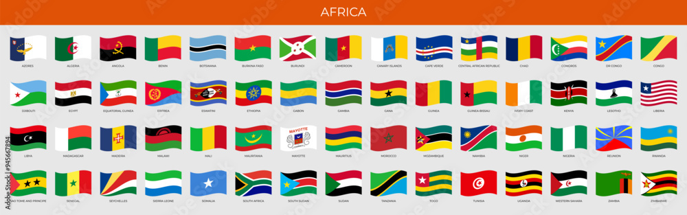 A set of wave-shaped flags of African countries. Detailed national ...