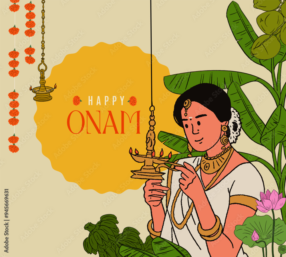 Happy Onam calligraphy with South Indian woman celebrating Onam ...