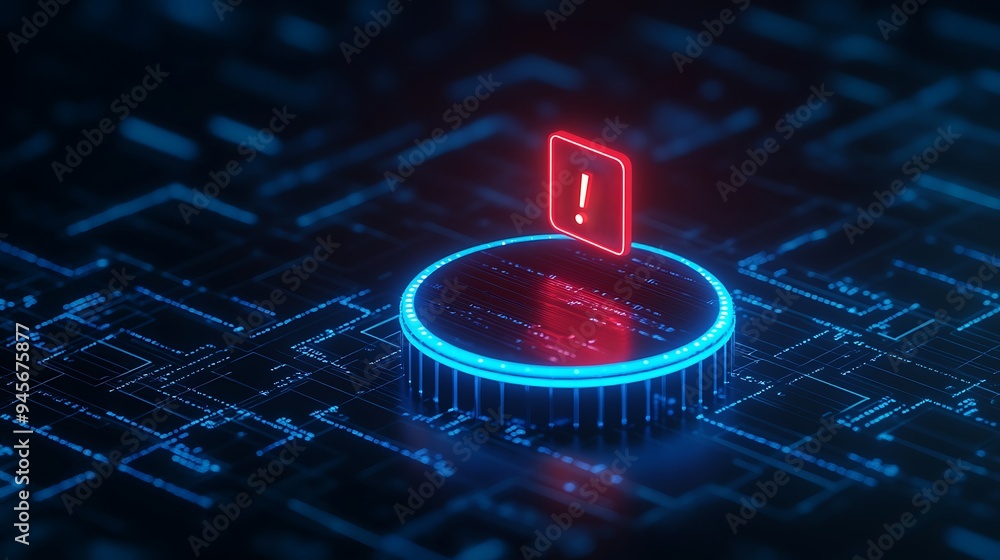 Futuristic digital interface with glowing red warning sign, depicting ...