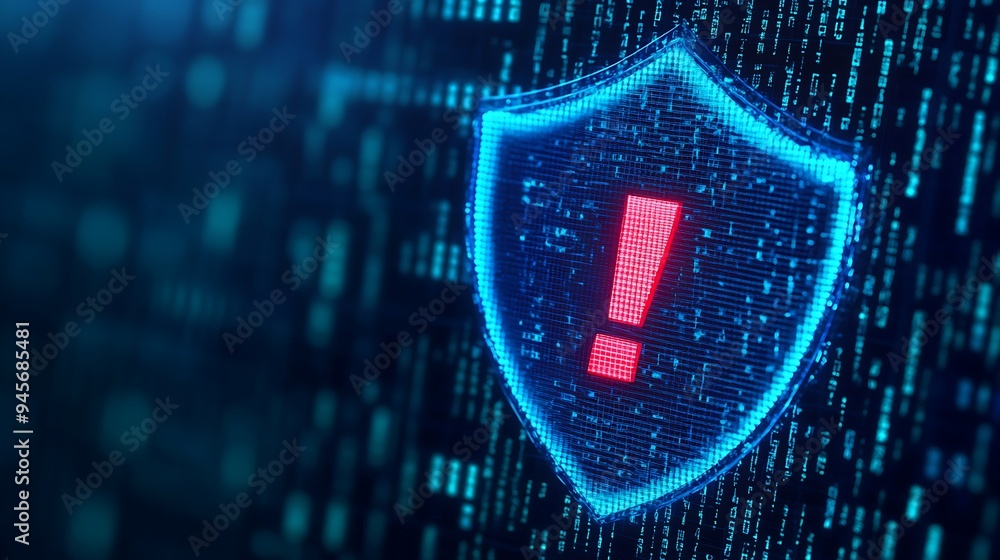 Shield with red exclamation mark representing data protection ...