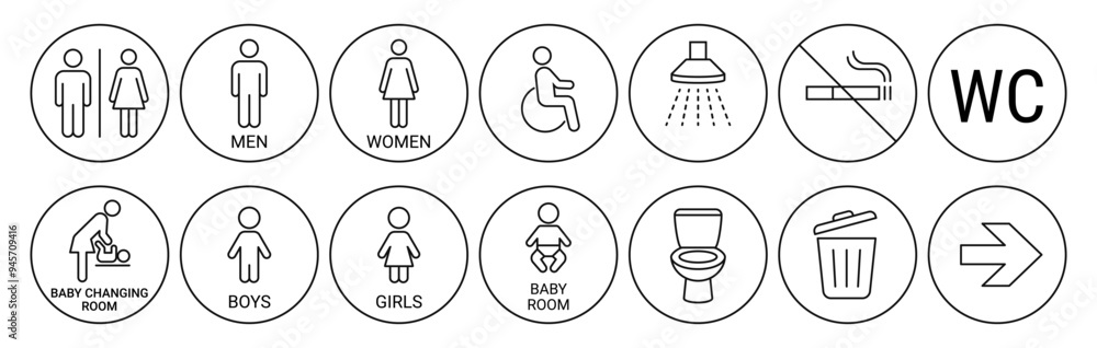 Toilet and shower signs. Set of editable vector linear icons. Man ...