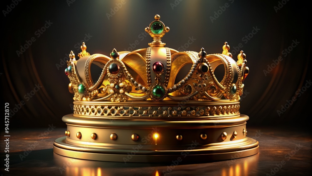 A majestic 3D gold crown with intricate designs and gemstones sits atop ...