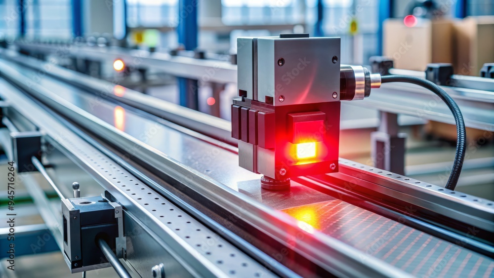 A modern industrial automation setup featuring a sleek photoelectric ...