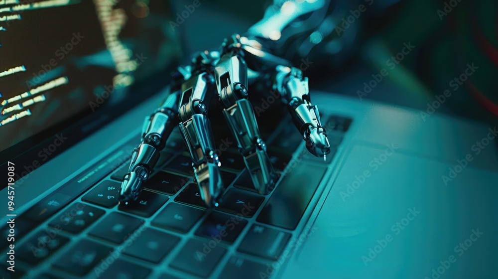 robotic hand typing on a laptop keyboard in a modern, high-tech ...