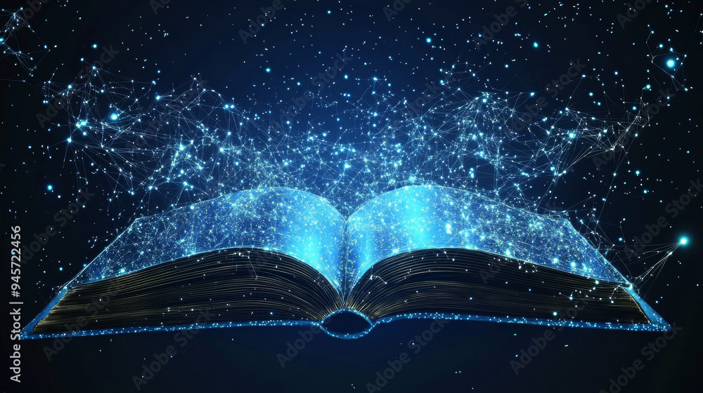 An abstract depiction of an open book, envisioned as a starry sky or ...