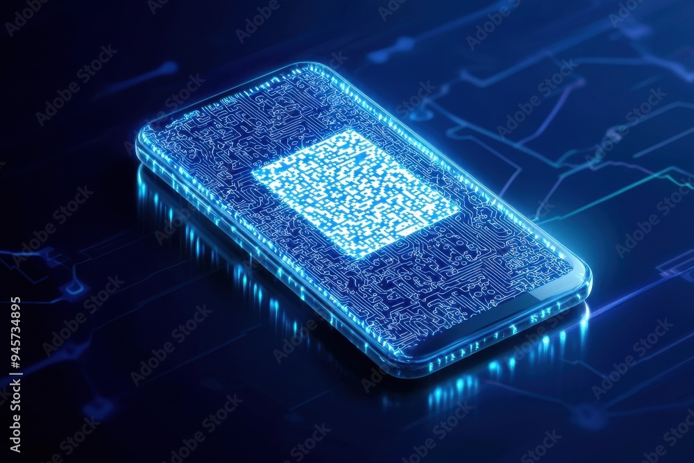 Futuristic smartphone displaying a glowing QR code on a dark, circuit ...