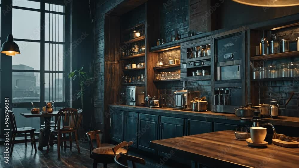 Video footage of interior of a cozy, dimly-lit cafe,wooden bar counter ...