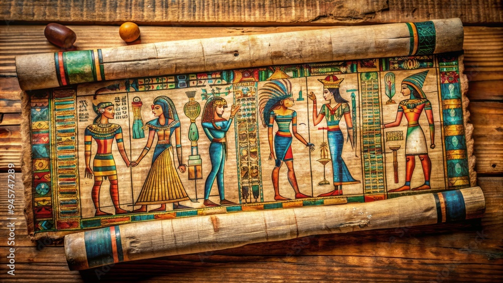 Ancient Egyptian papyrus scroll with intricate hieroglyphics and vivid ...