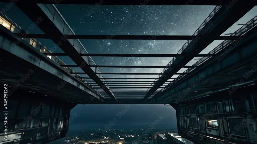 Video footage of night scene viewed from a low angle, looking up ...