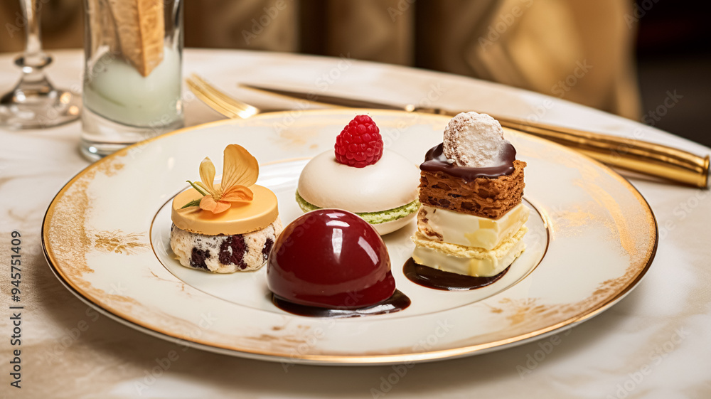 Food, dessert and hospitality, sweet desserts in restaurant a la carte ...