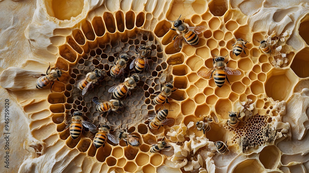 53. A detailed cross-section of a beehive with honeycombs and worker ...