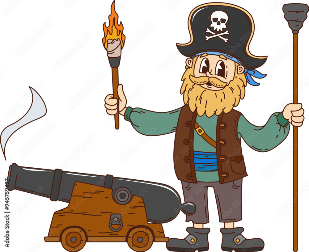 Retro cartoon groovy gunner pirate and corsair character with cannon ...