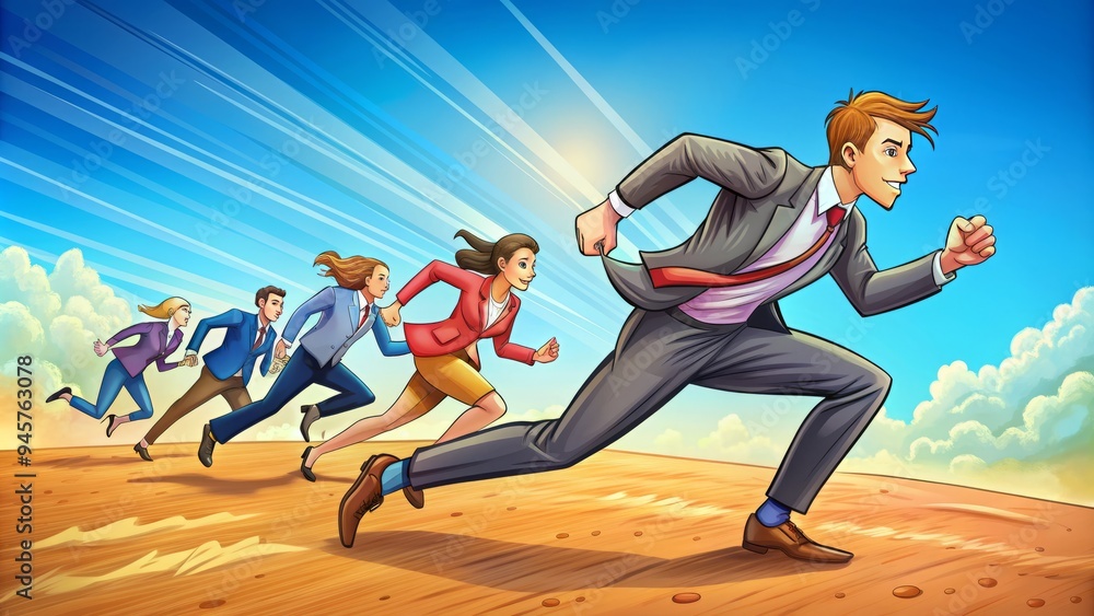 Colorful cartoon illustration of a determined business competitor races ...