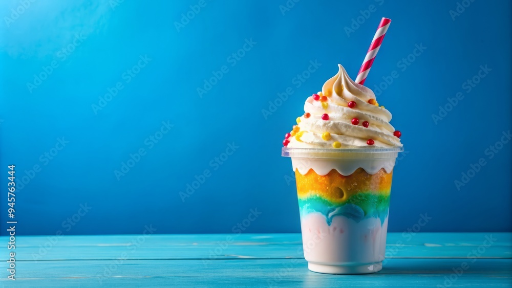 Colorful cold milkshake with whipped cream and straw served in a clear ...