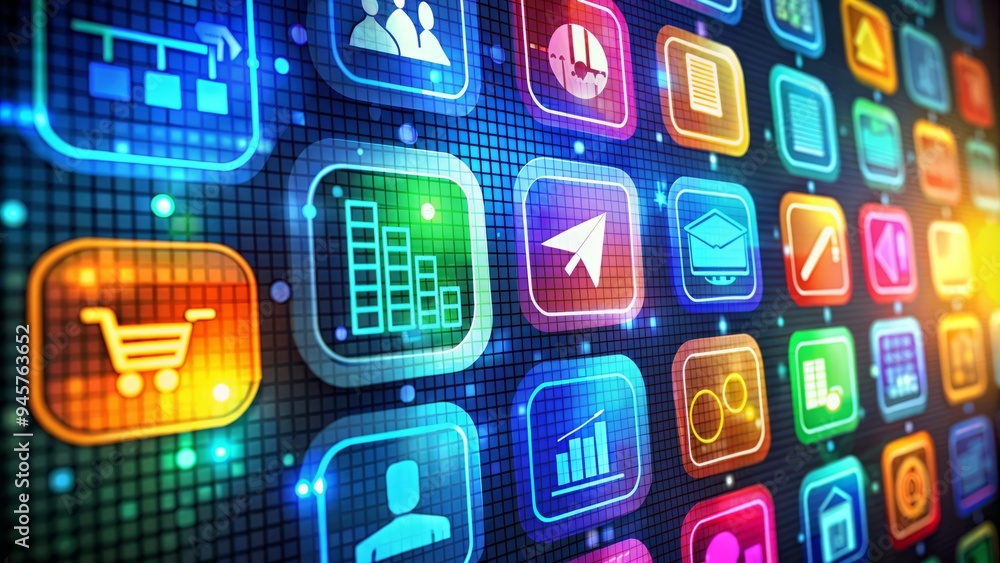 Colorful dashboard icons on a digital background represent a ...