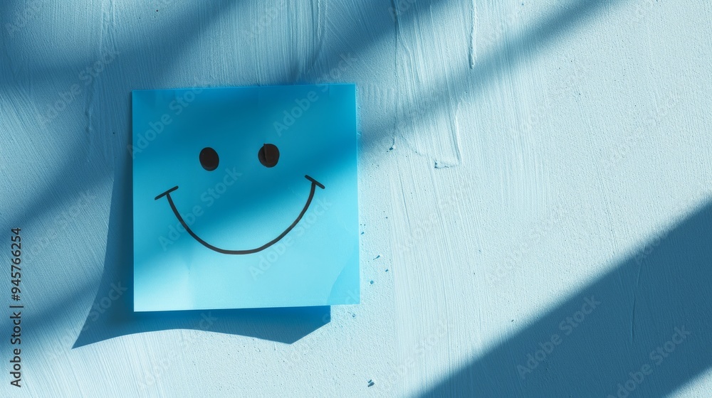 A blue sticky note with a simple smiley face drawn on it, stuck to a ...