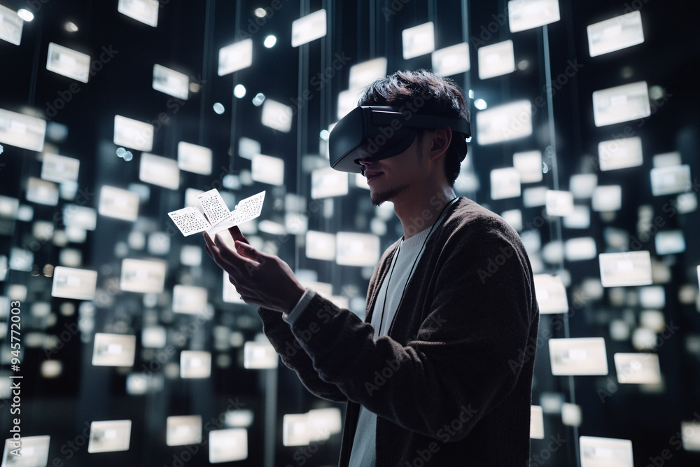 Man Exploring the Metaverse: A young man wears a VR headset and ...