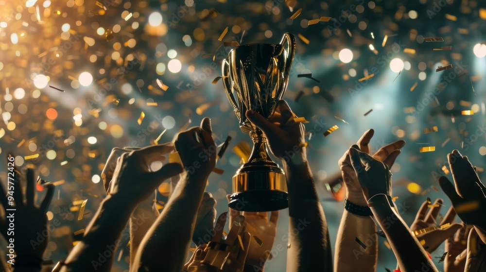 Hands raise a trophy amid flying confetti, symbolizing victory ...