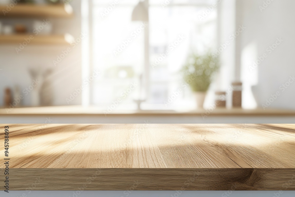 kitchen table background, wood counter top on blur of white clean ...