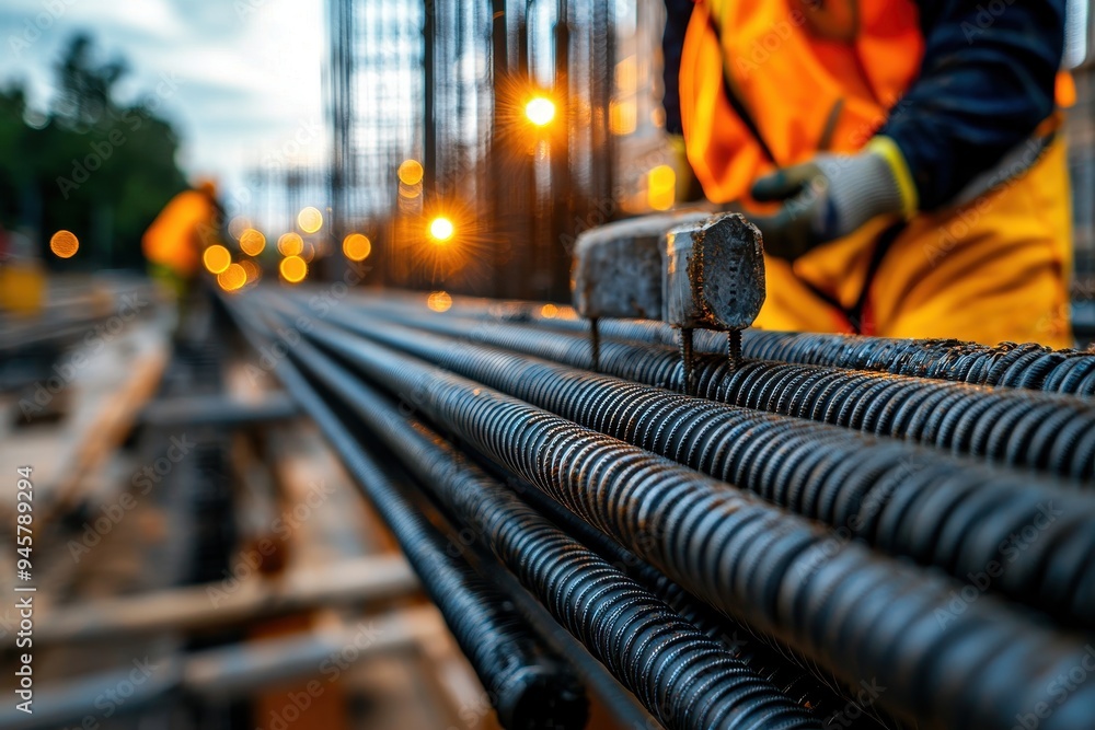 Detailed view of steel reinforcement bars with workplace background ...