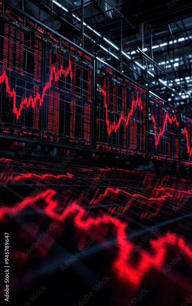Dynamic stock market graph illustrating a downward trend with red lines ...