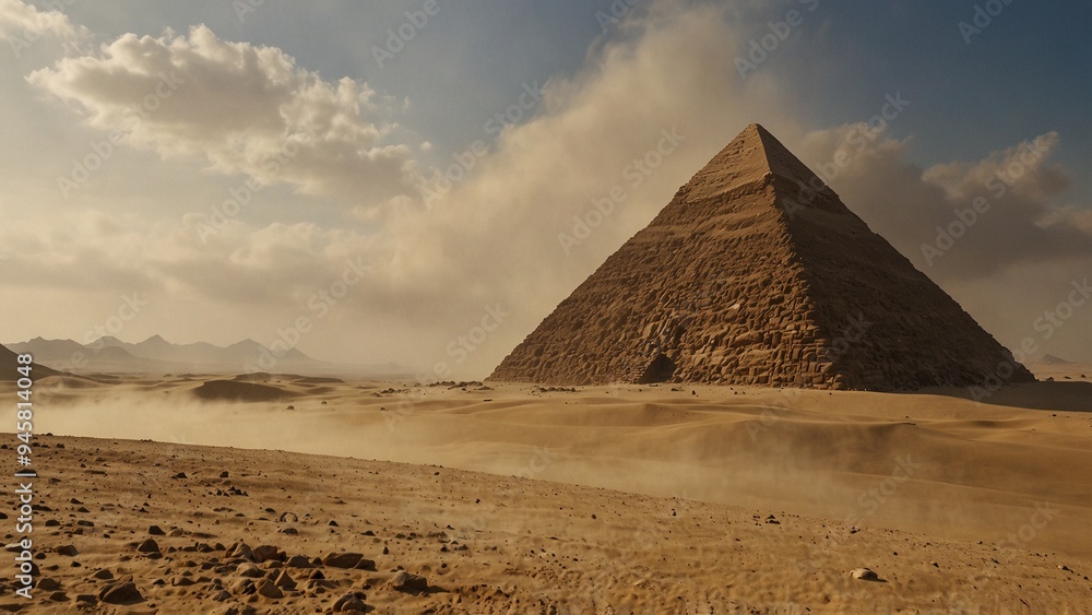 An ancient pyramid being swallowed by a desert sandstorm, with only the ...