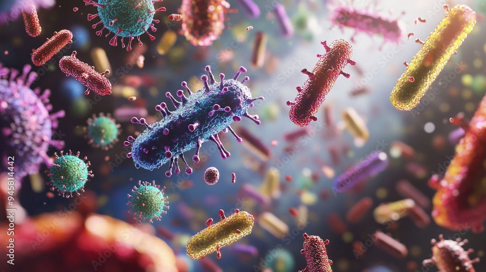 high-detail render, microbial pathogens, multiple types of bacteria and ...