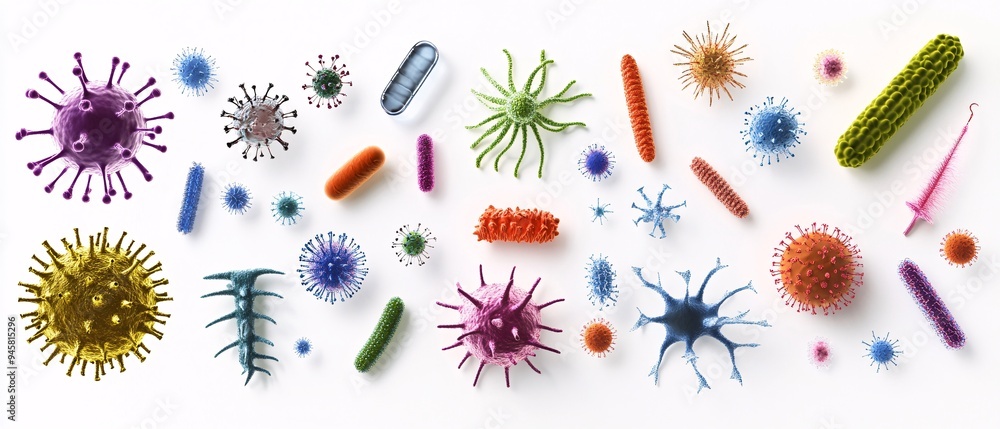 realistic render, various bacteria and viruses, high-detail depiction ...