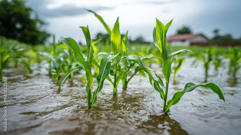 In the background, flooded farm fields with crops covered in water ...