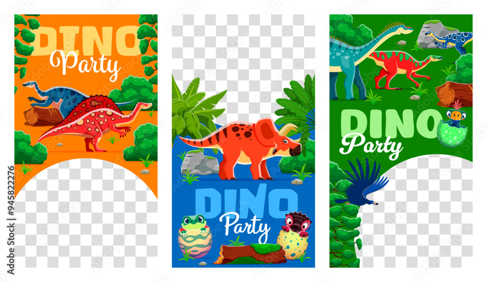 Kids dino party social media templates with funny prehistoric dinosaurs ...