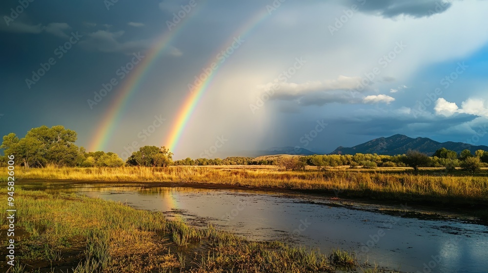 A vivid rainbow appearing after a storm, with the sky clearing and the ...