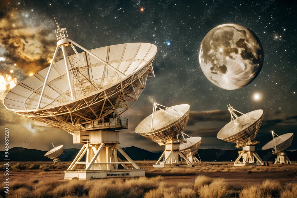 Radio telescopes at the Very Large Array, with the backdrop of the moon ...