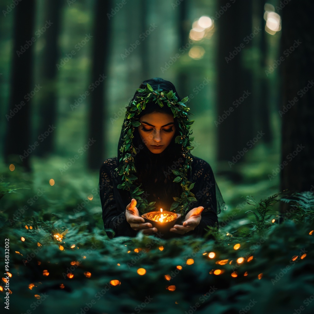 Fortune teller in a mysterious forest setting, surrounded by ancient ...