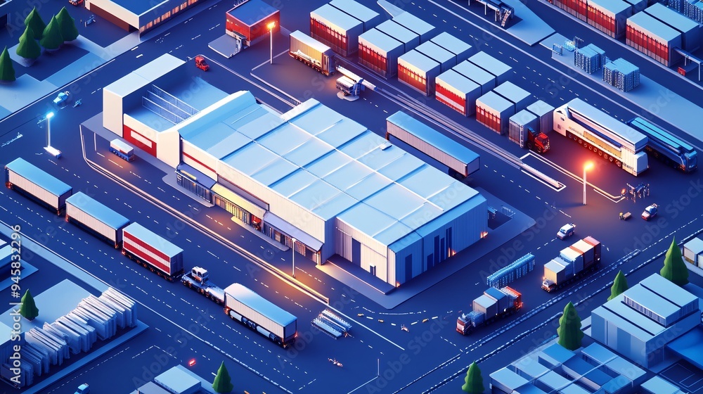 isometric view, logistics infrastructure, detailed depiction of a ...
