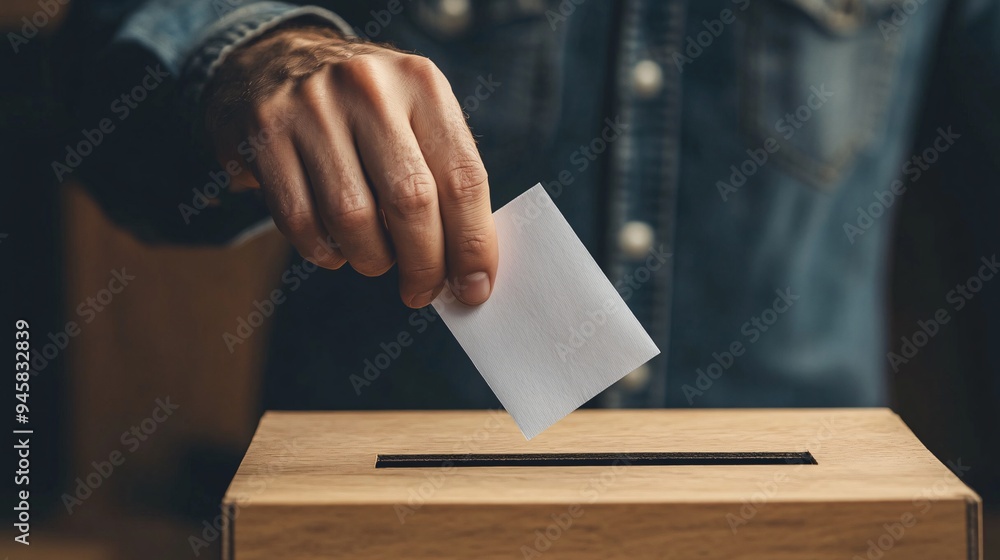 elegant shot, hand placing a ballot paper into a classic wooden ballot ...