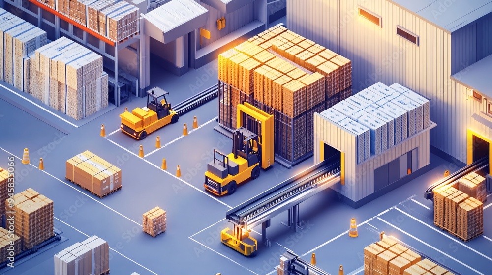 isometric view, logistics hub, detailed layout of a warehouse with ...