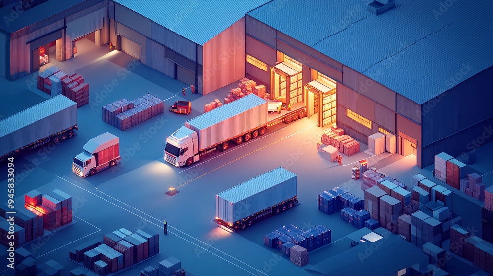 isometric illustration, distribution center, trucks loading and ...