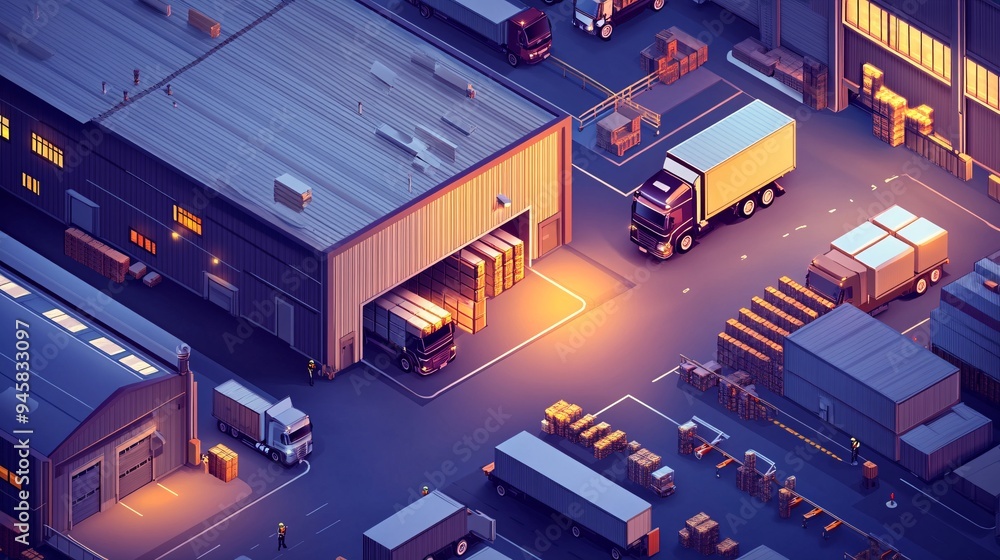 isometric illustration, distribution center, trucks loading and ...