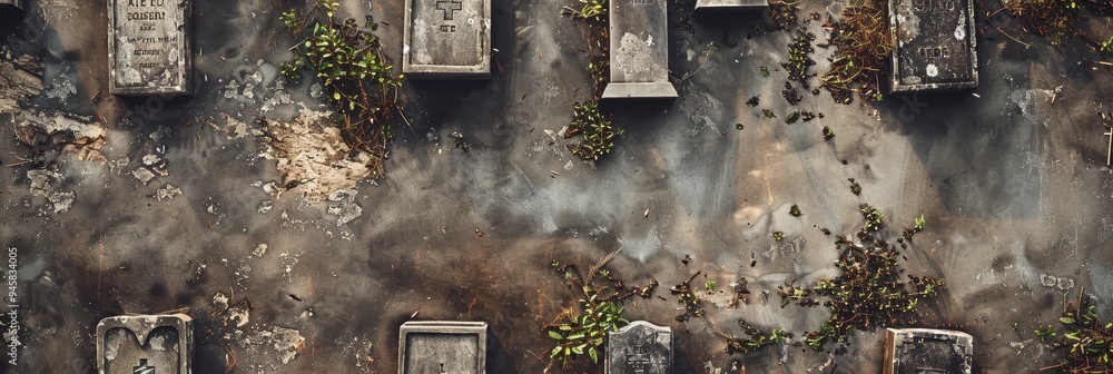 An aerial view of a serene graveyard with weathered tombstones ...