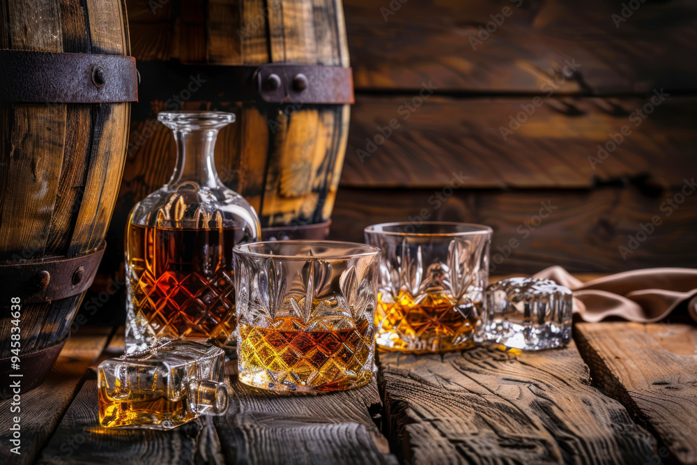 Artisanal whiskey tasting display with aged barrels and crystal ...