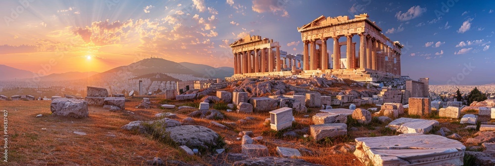 The Erechtheion temple on the Acropolis of Athens bathed in the golden ...