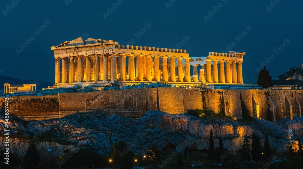 The Acropolis of Athens stands illuminated against the night sky, its ...