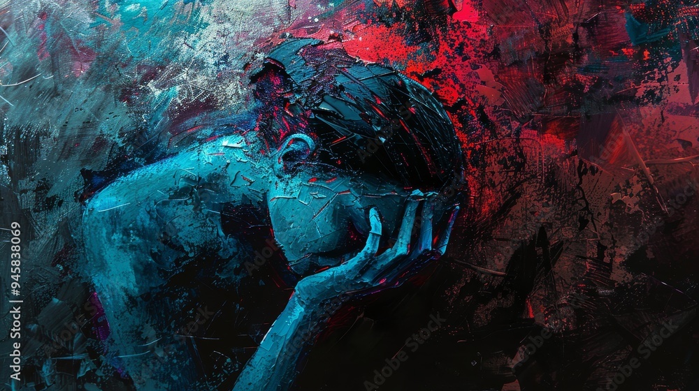 This abstract painting depicts a person in a state of deep depression ...
