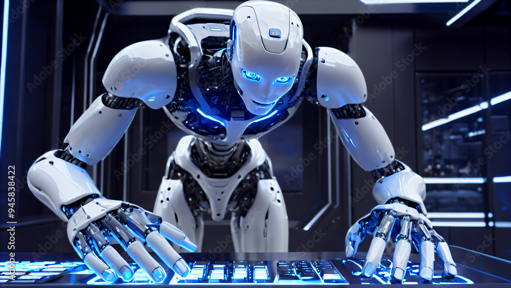 An elegant humanoid robot with a black and white body and articulated ...